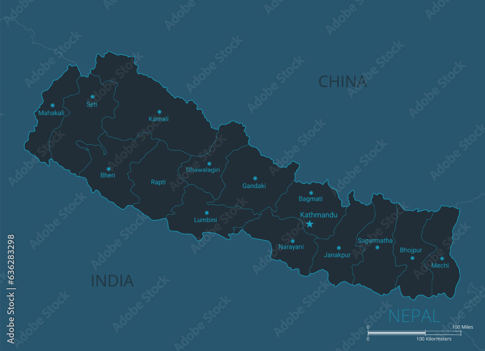 Nepal map. High detailed map of Nepal with countries, borders, cities ...