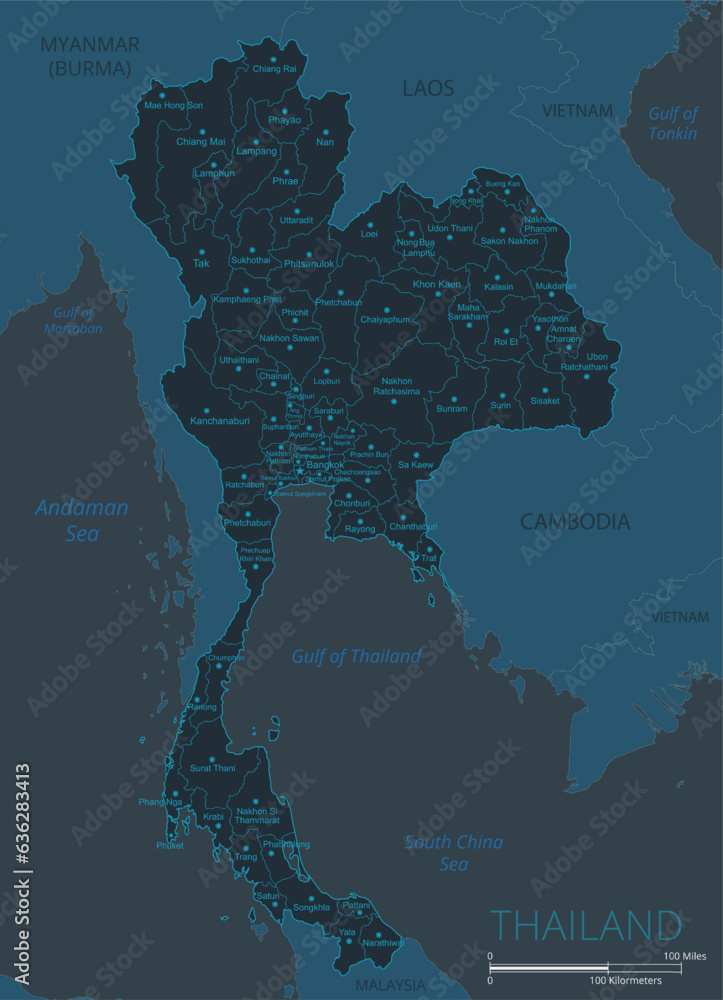 Thailand map. High detailed map of Thailand with countries, borders ...