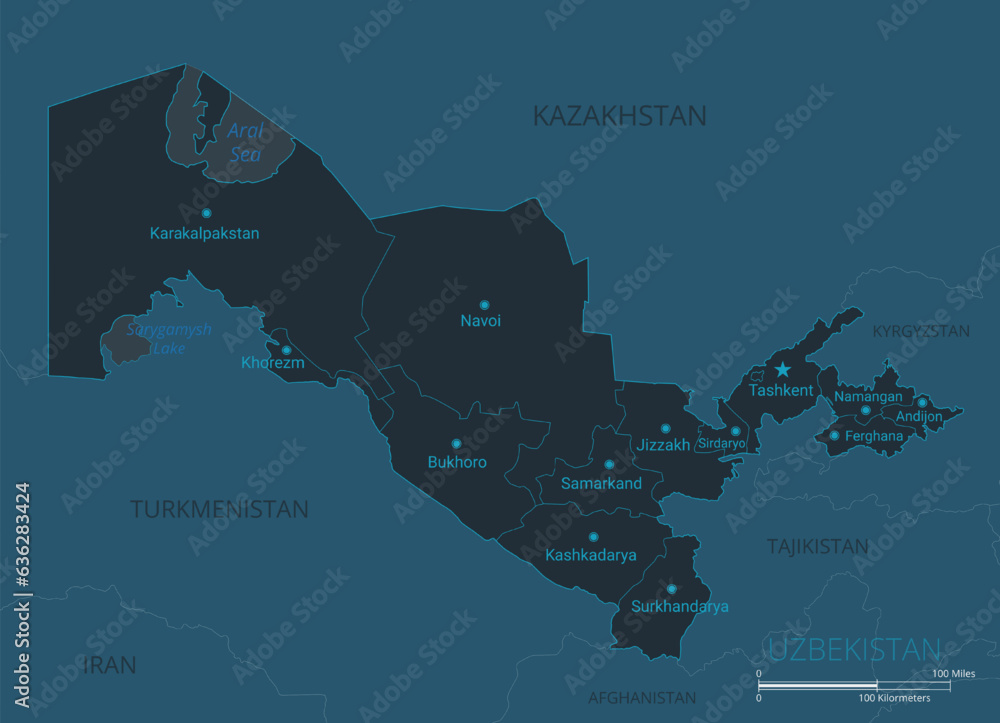 Uzbekistan map. High detailed map of Uzbekistan with countries, borders ...