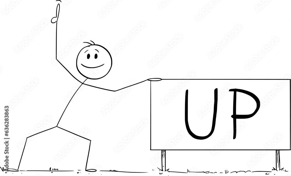 Positive Person Pointing Up and Holding Sign, Vector Cartoon Stick ...
