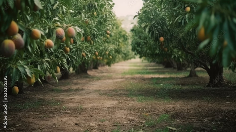 Foto de Mango trees with fruit in row in nature. do Stock | Adobe Stock