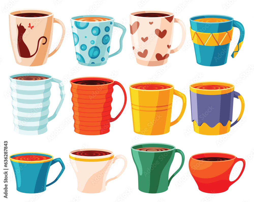 Cup tea coffee icon set. Cute trendy crockery with handle for drink ...