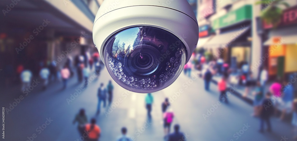 Foto de Outdoor surveillance camera on the street with office buildings ...