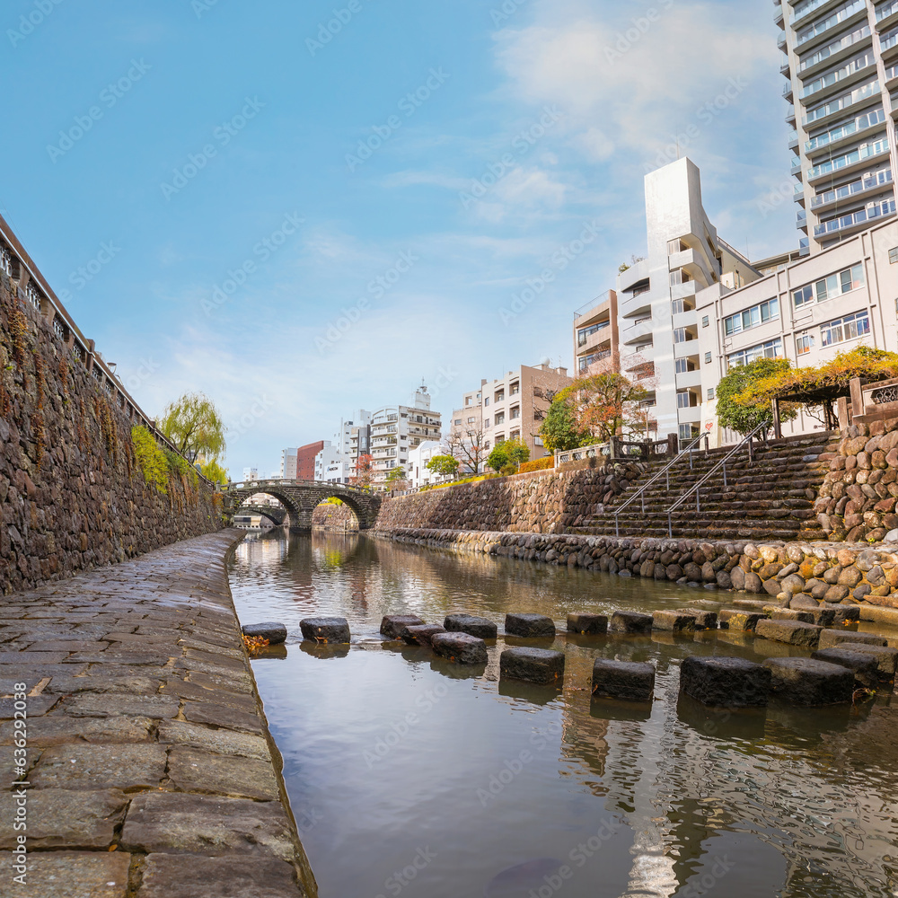 Nagasaki, Japan - Nov 29 2022: Meganebashi Bridge is the most ...
