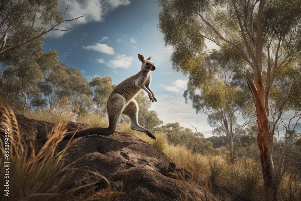 Foto de Kangaroo hopping in the Australian wild among eucalyptus trees ...