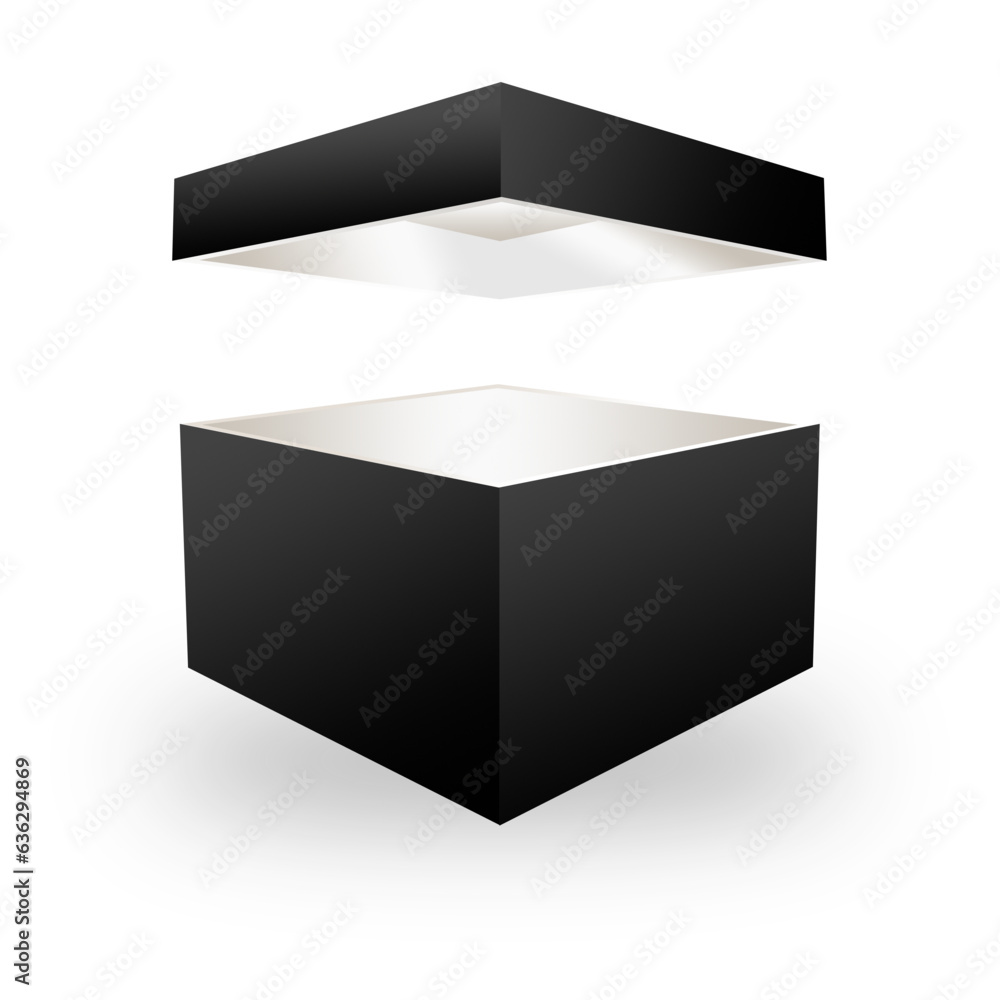 Front View Black Box. Open 3D Square Box, Square Package with Open Cap ...