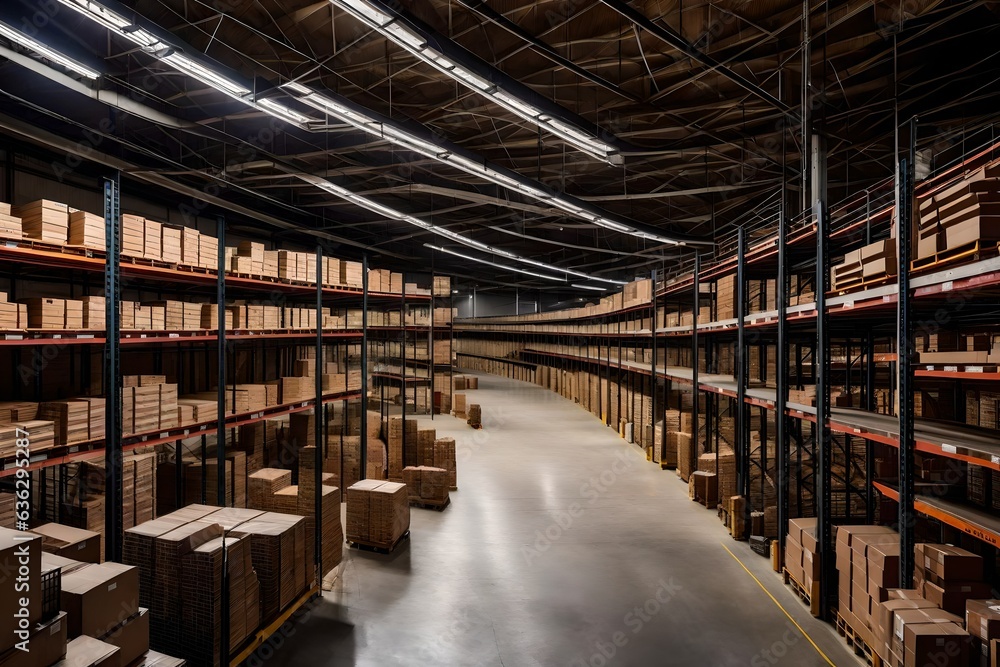 warehouse shelves with boxes, Empty conveyor belt point of view, empty ...