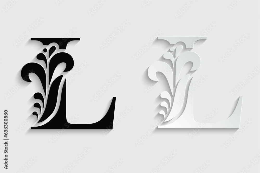 letter L. Black flower alphabet. Beautiful capital letters with shadow ...