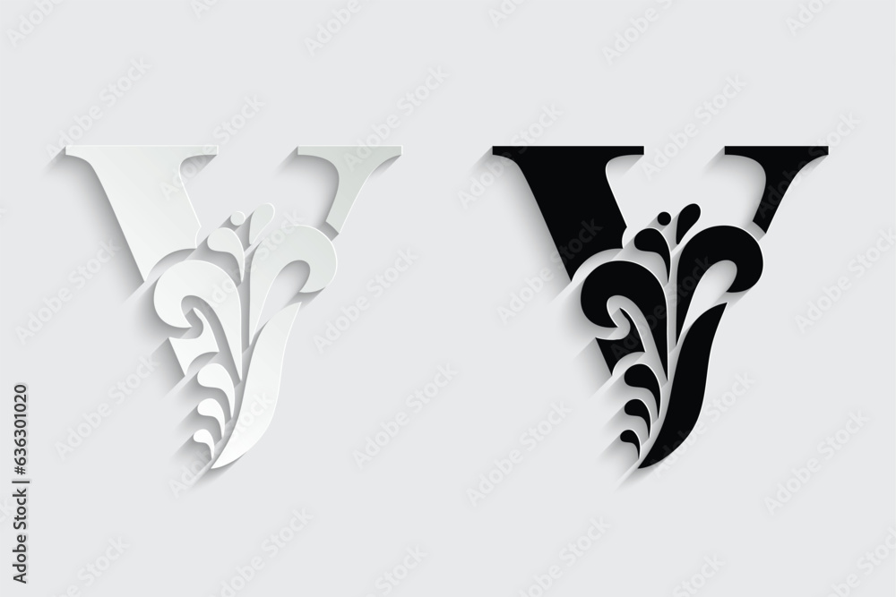 letter V. Black flower alphabet. Beautiful capital letters with shadow ...