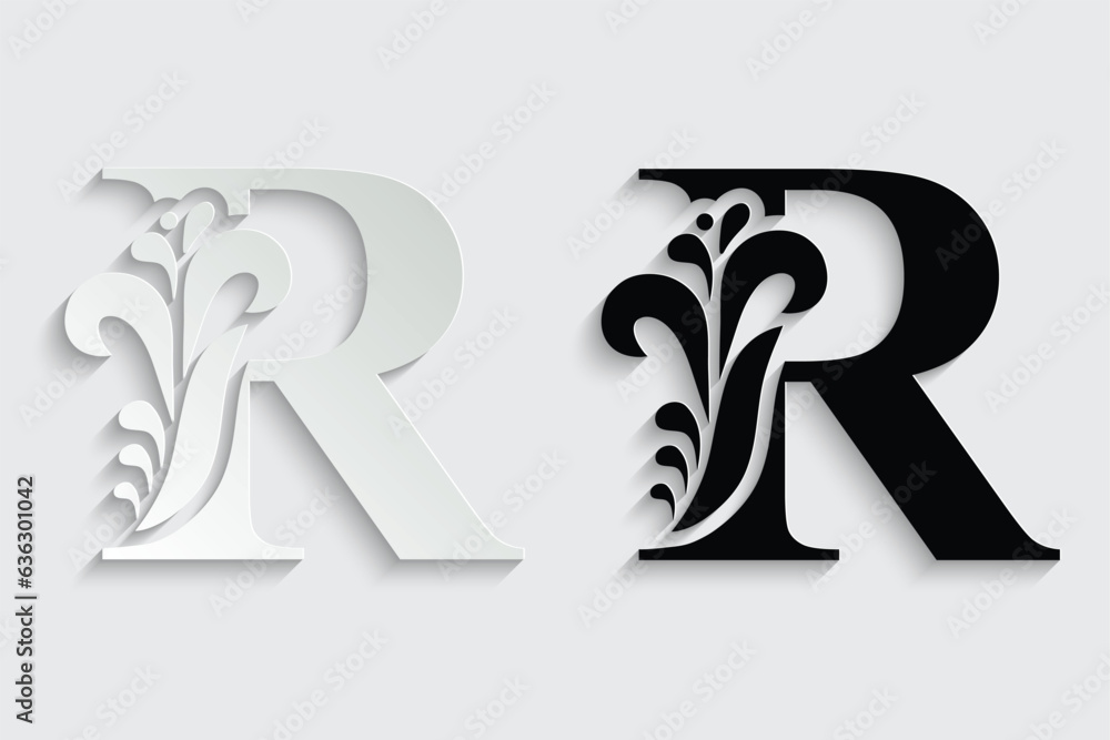 letter R. Black flower alphabet. Beautiful capital letters with shadow ...