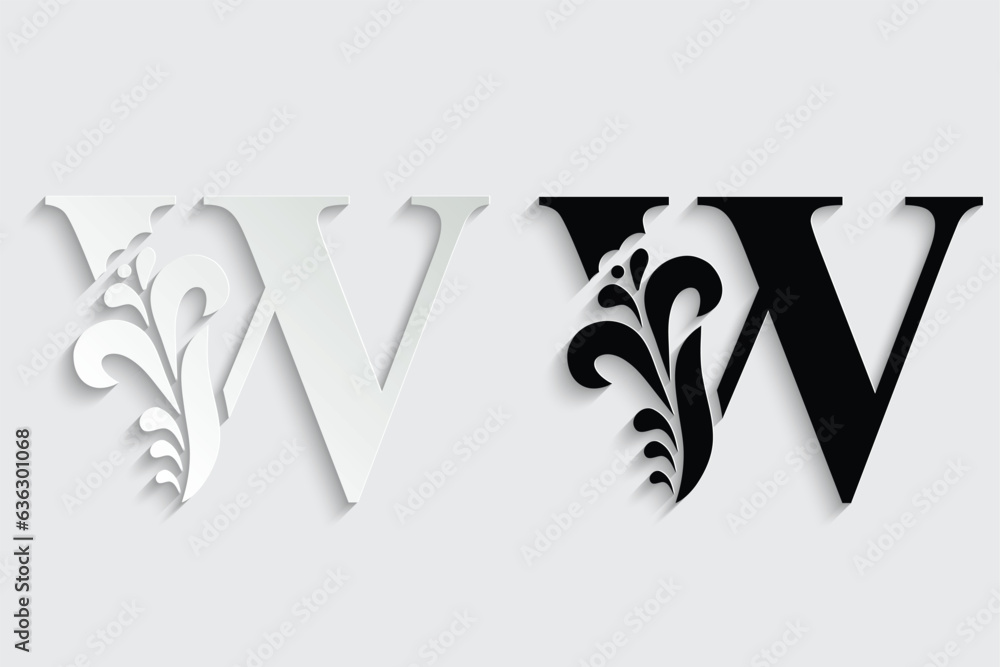 letter W. Black flower alphabet. Beautiful capital letters with shadow ...
