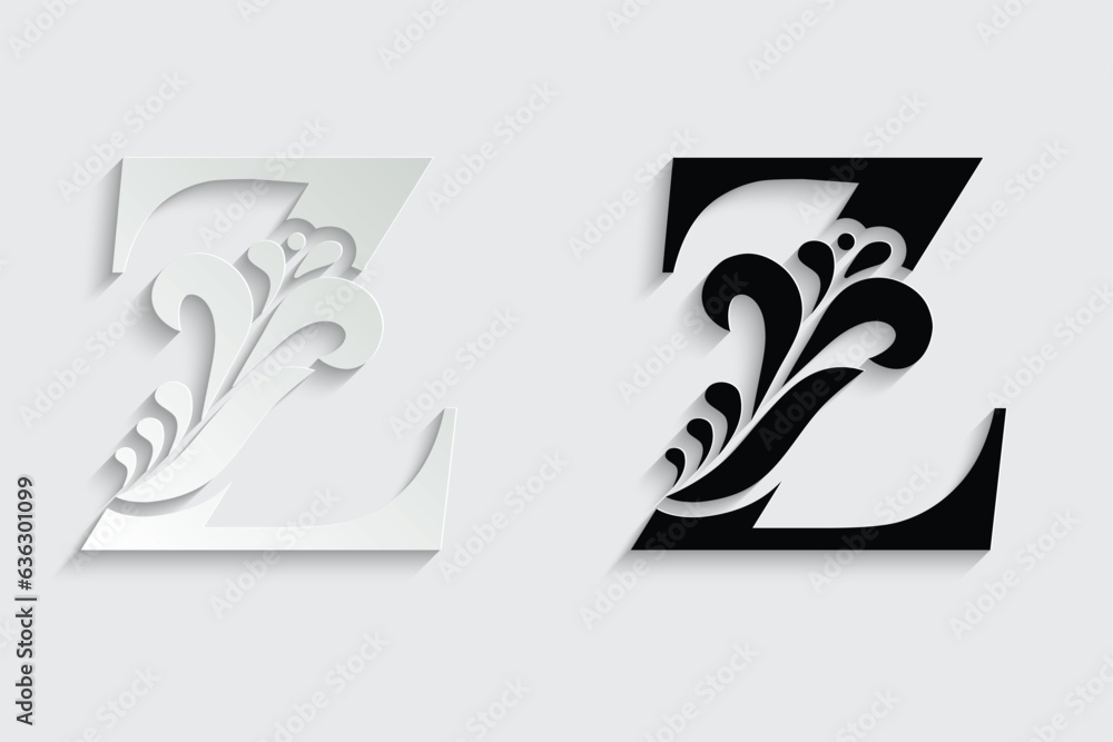letter Z. Black flower alphabet. Beautiful capital letters with shadow ...