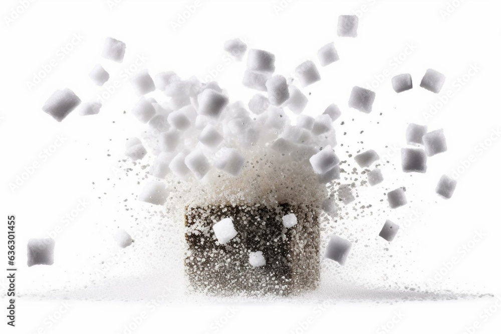 Flying explosion of white sugar cube, abstract cloud of flying crystal ...