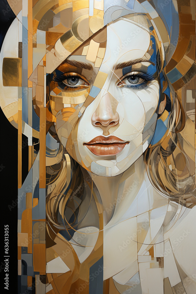 dadaism portrait of a woman in beige, white and gold. abstract wall art ...