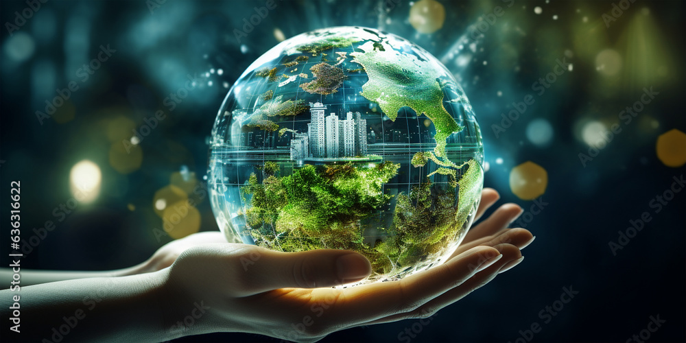 Generative AI of Hands holding Global communication network with ...