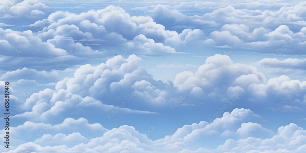 Blue sky with white clouds in seamless repeat pattern design. Cartoon clouds on sky blue ...