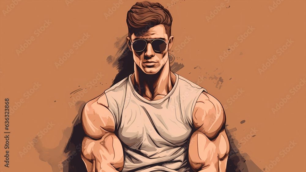 hand drawn cartoon handsome fitness muscle man illustration Stock ...