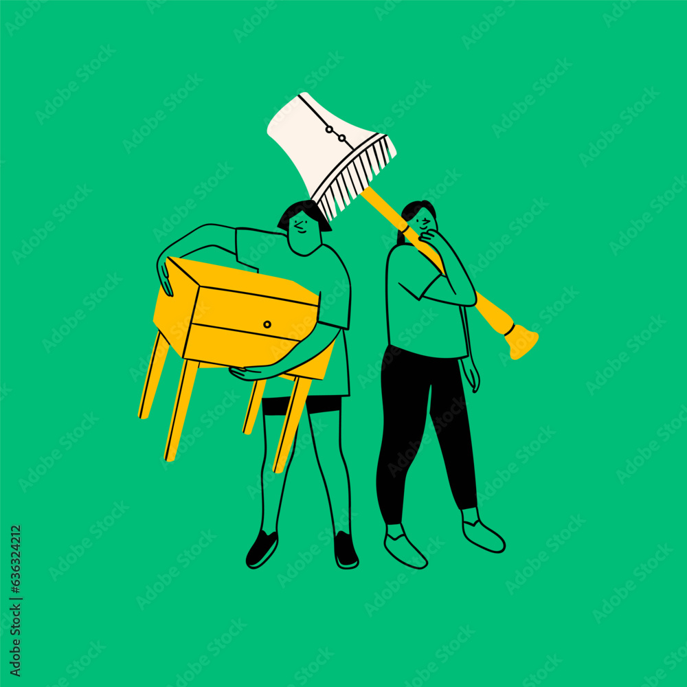 People carrying commode and floor lamp. Cute characters. Cartoon style ...