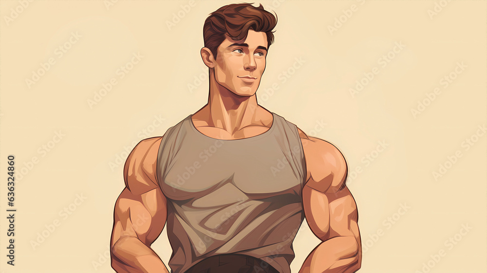 hand drawn cartoon handsome fitness muscle man illustration Stock ...