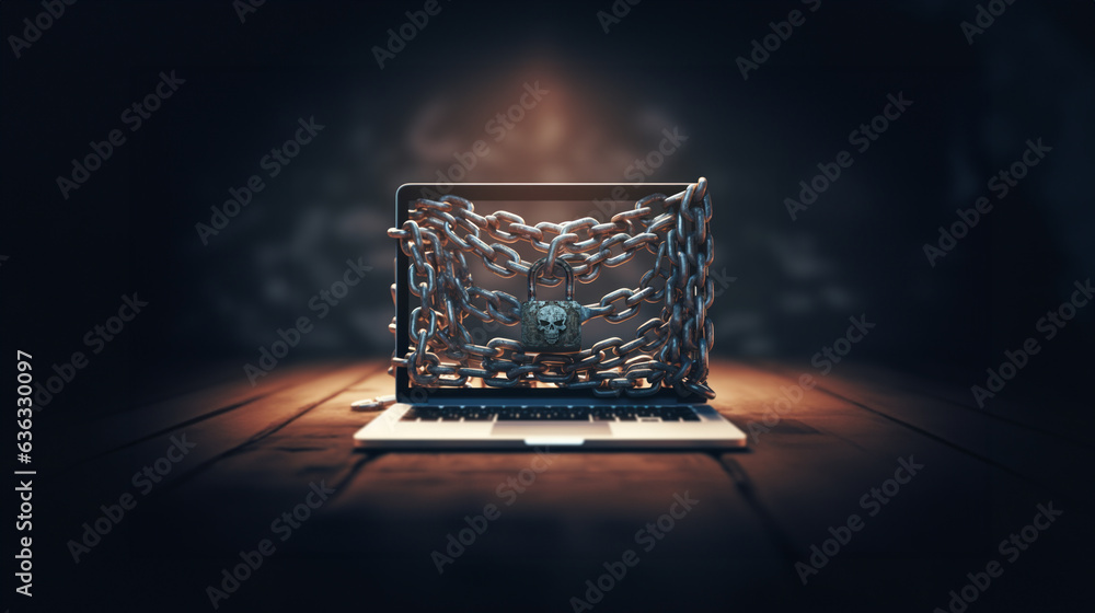Cybersecurity concept: A laptop computer in chains. Represents ...