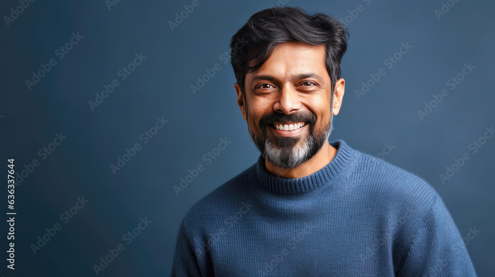 Indian man in 40s beaming, short hair, blue background Stock Photo ...