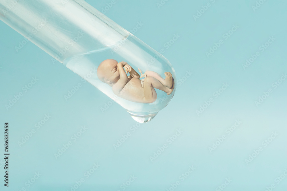 A human embryo in a glass tube on a blue laboratory background. The ...