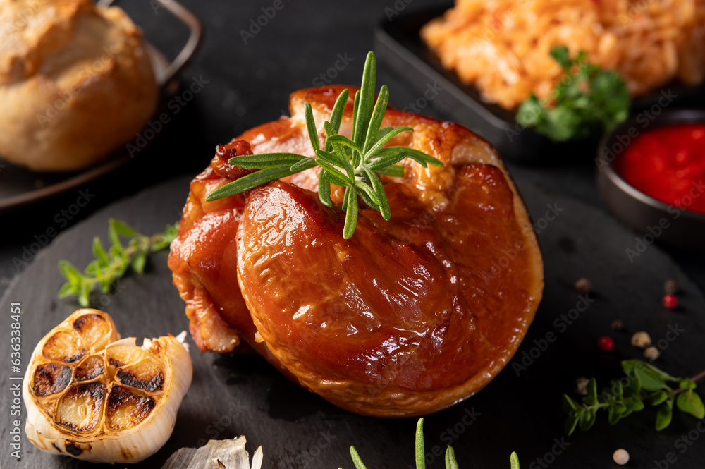 Delicious Smoked pork knuckle in a crispy crust. Tender and juicy pork ...