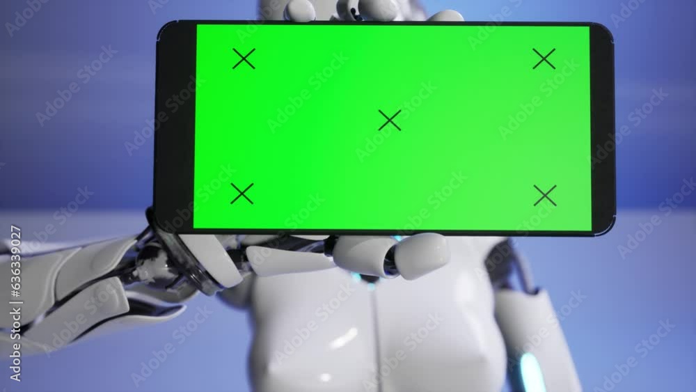 robot humanoid holding mobile phone with touch screen display and green ...