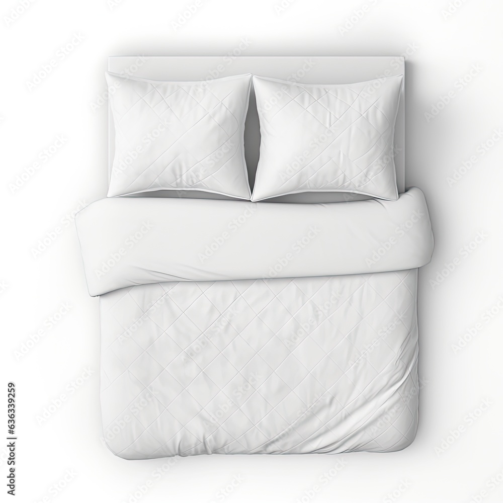 Blank White Bedsheet Mockup on Mattress with Pillows and Duvet. Top ...