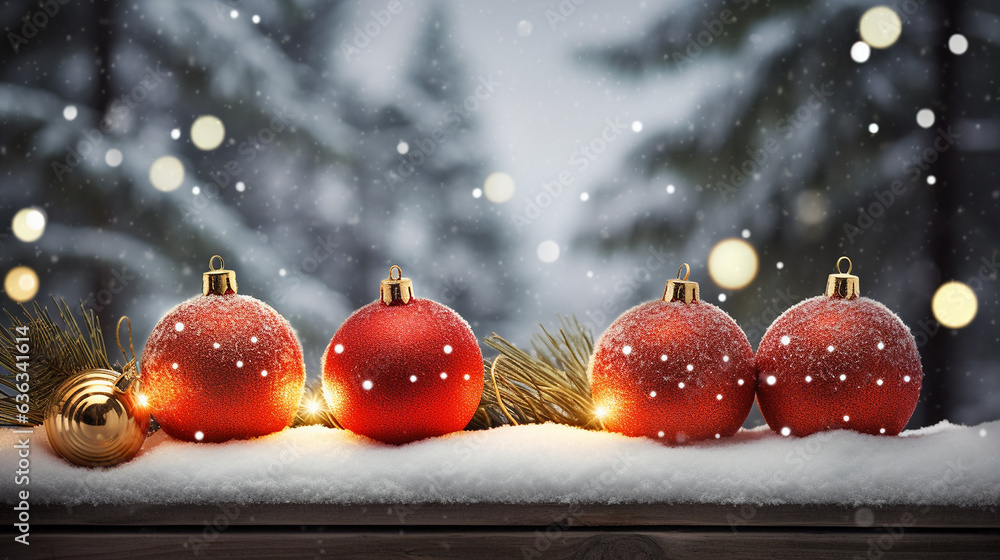 Weihnachtskugeln mit Lichter Bokeh am Fenster mit Wald und Schnee als ...