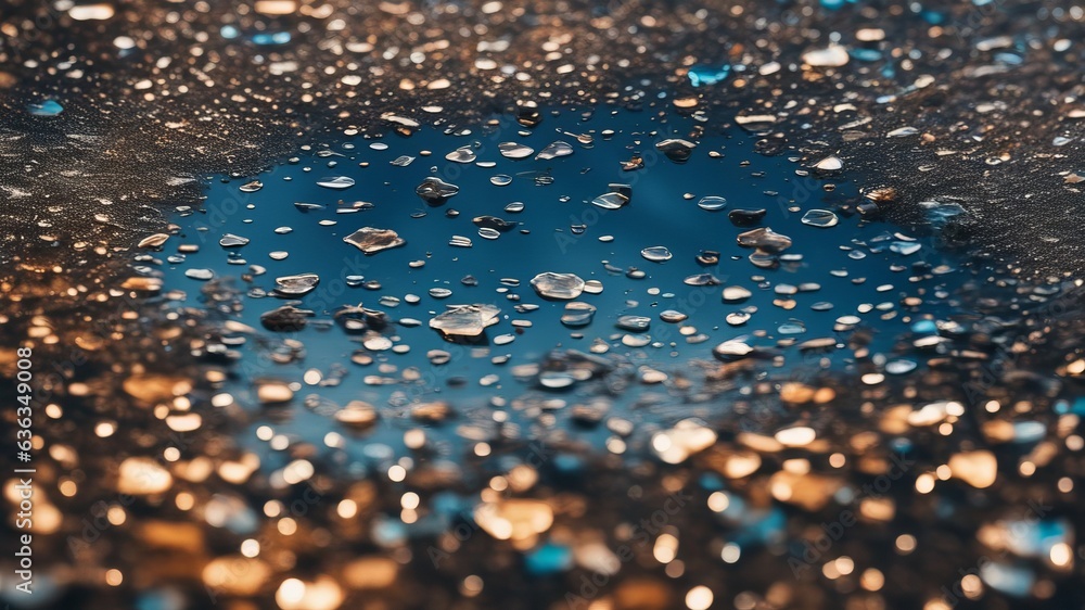 beautiful background puddle on asphalt with crystal stones lying in it ...