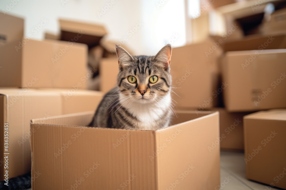 Moving to new home, donation concept. Stack of cardboard boxes and cat ...