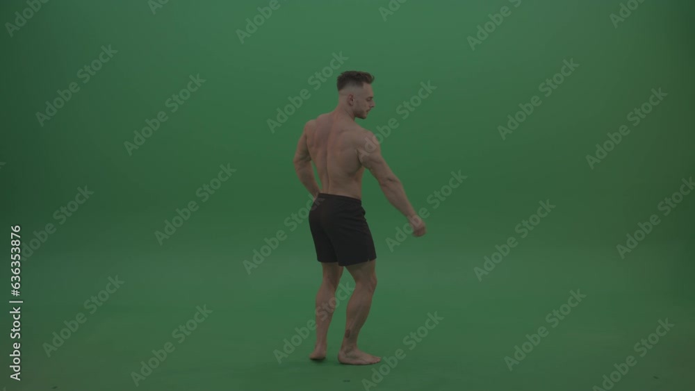 Young bodybuilding athlete showing rear, side, and front biceps poses ...