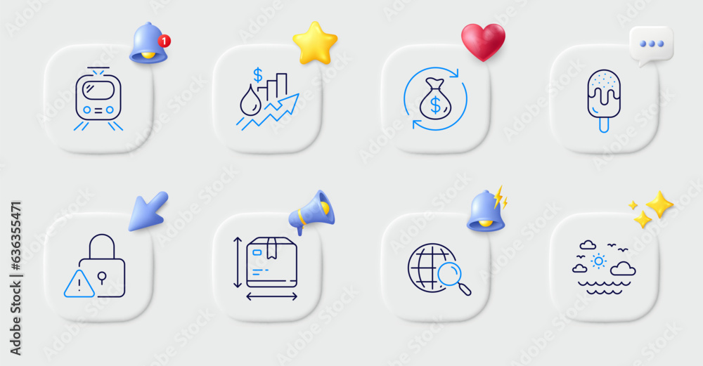 Train, Box size and Ice cream line icons. Buttons with 3d bell, chat ...