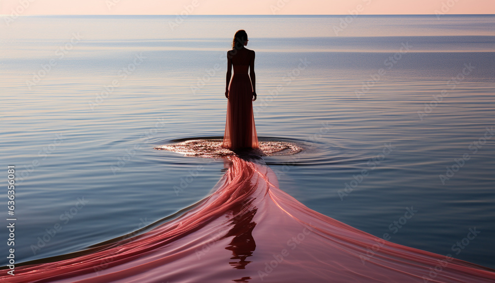 woman looking at her reflection in water, where the ripples form the ...