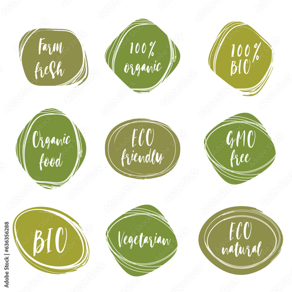 Eco, bio, vegan food stickers template, logo with leaves for organic ...