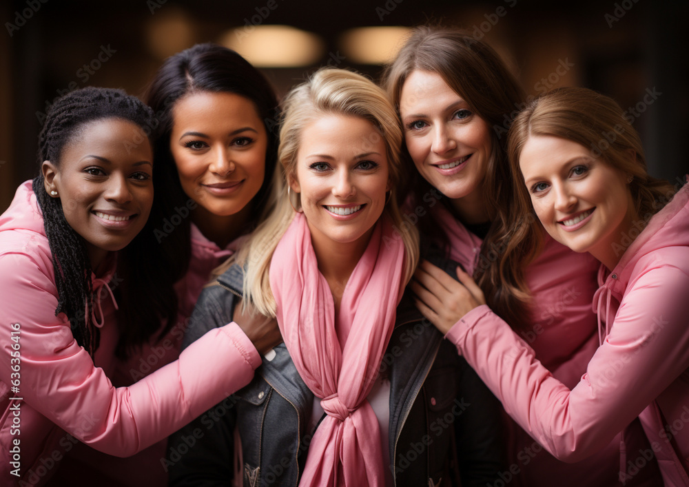 portraits womens of different ages, ethnicities, each wearing a pink ...