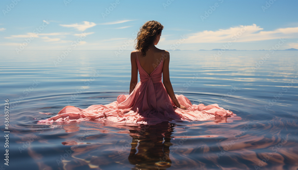 woman looking at her reflection in water, where the ripples form the ...