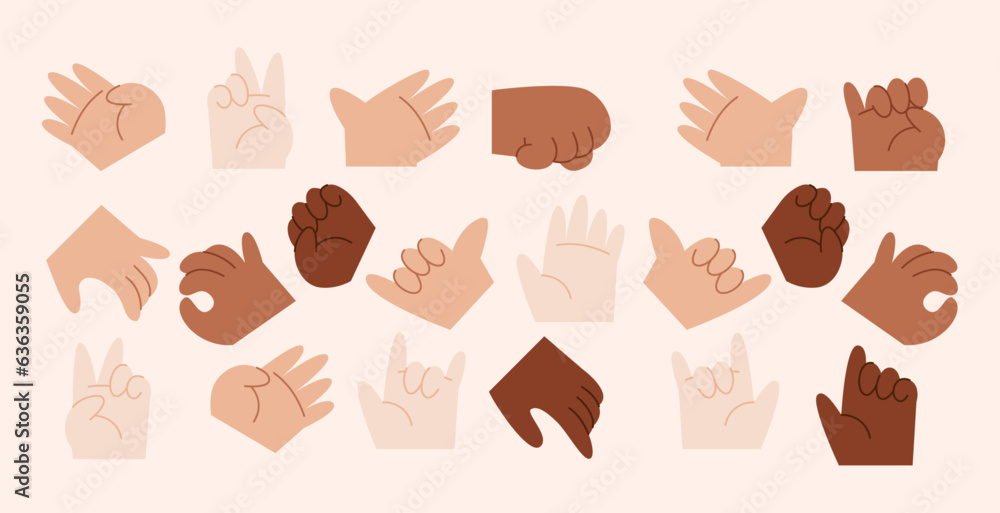 Diversidad de manos. Dedos y gestos con la mano. Puño cerrado. Mano ...