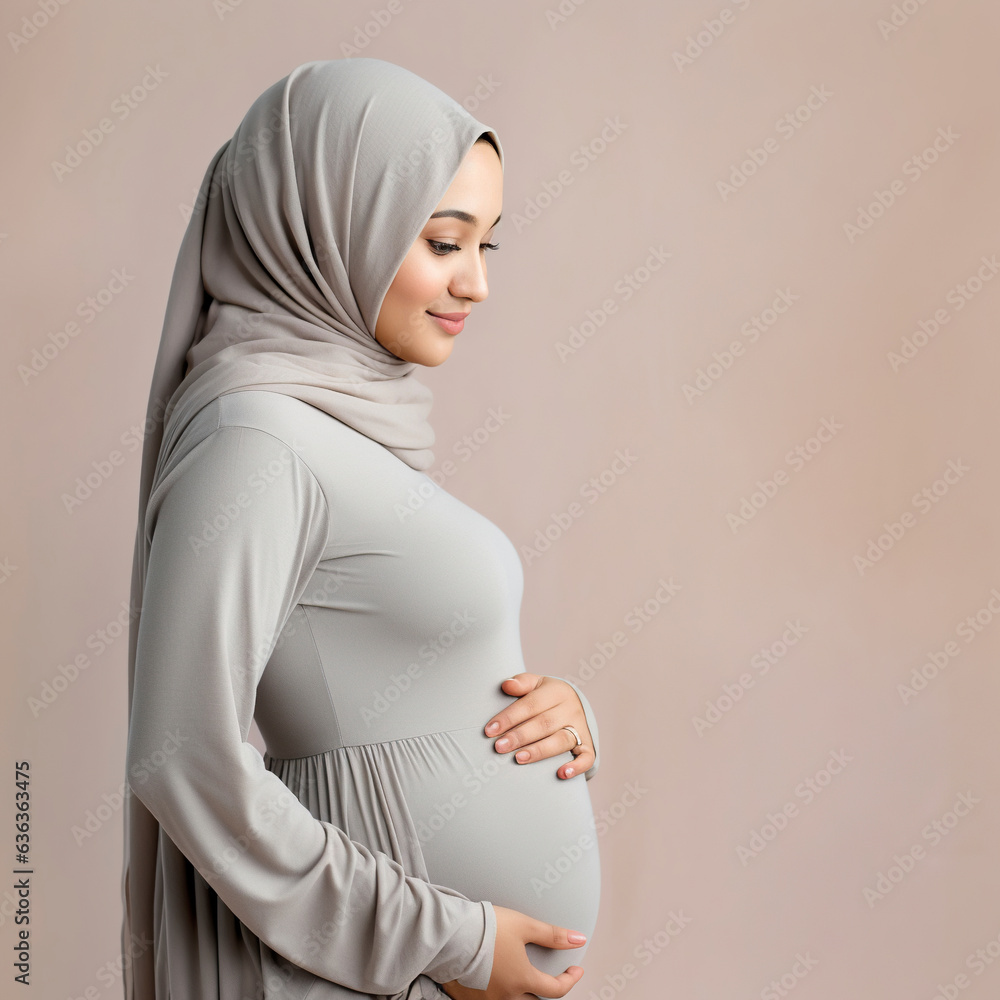 A pregnant woman in a hijab on a plain background in the studio. A ...