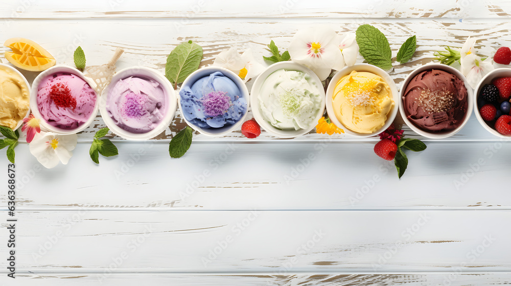 Summer ice cream bar with a selection of ice cream flavors and dessert ...