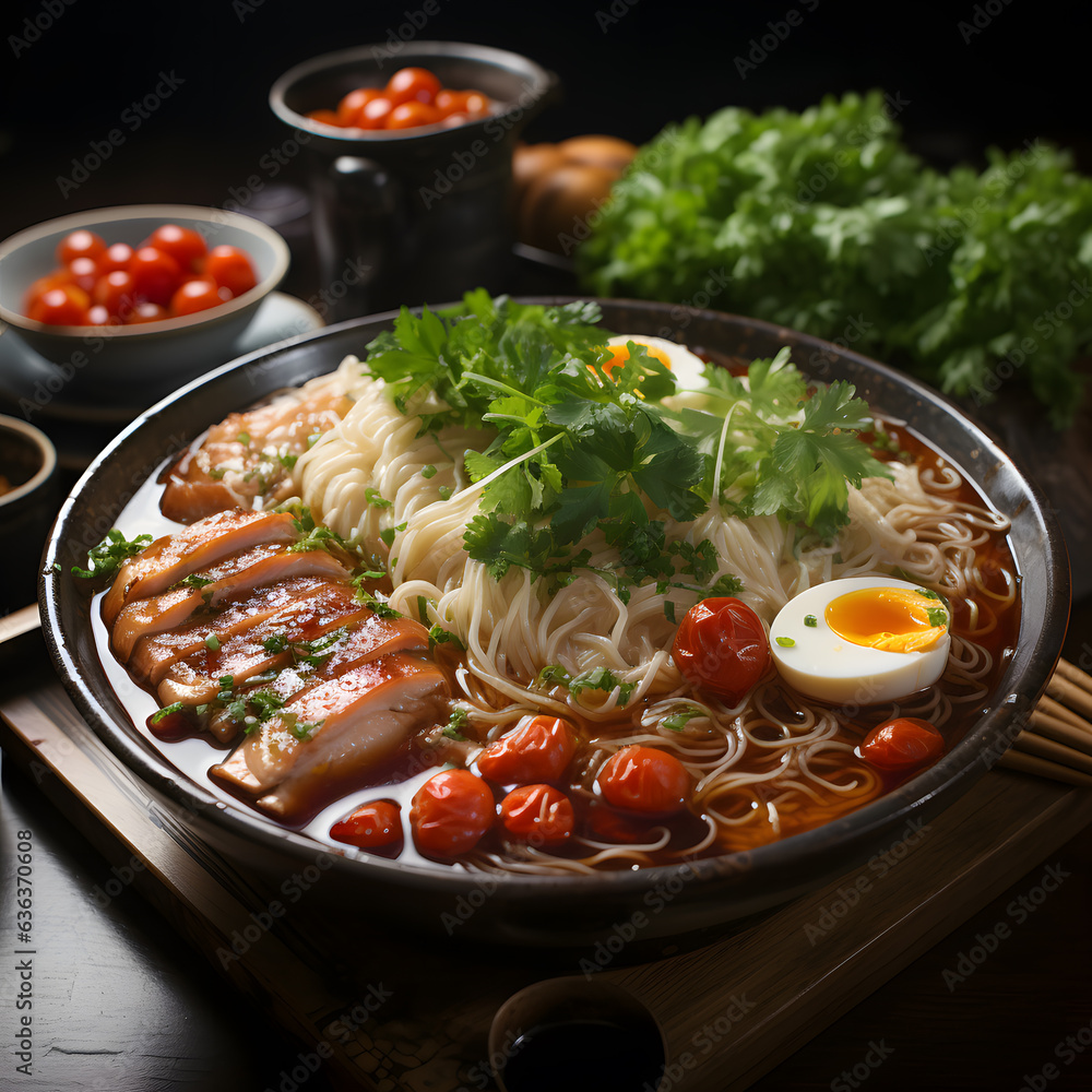 Yummy ingredient raman, noodles, egg, pork, restaurant, fresh fruit ...