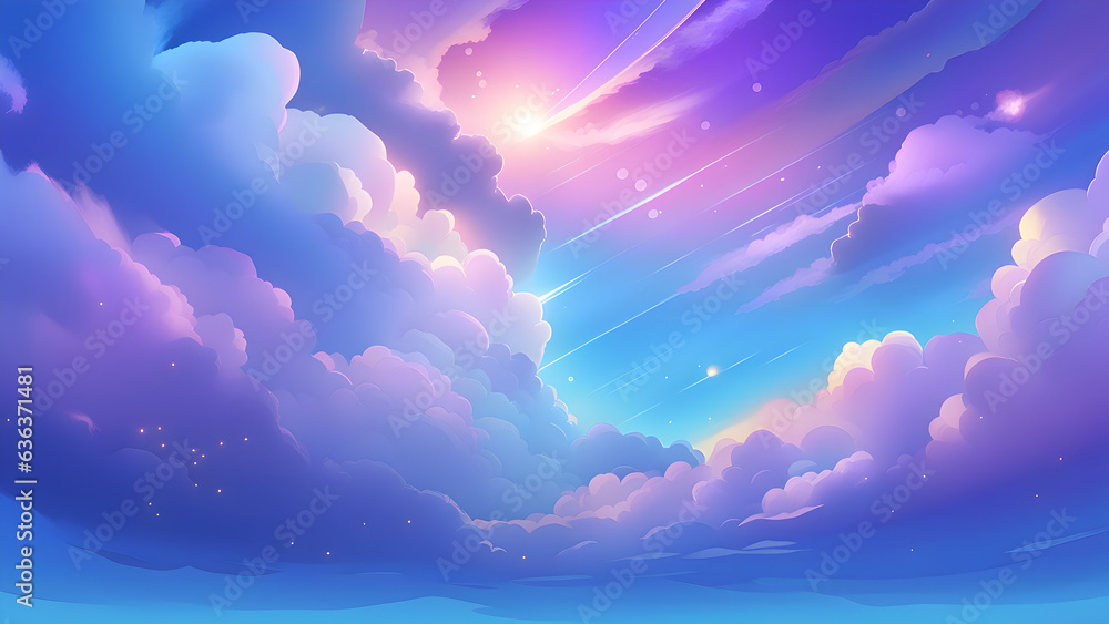 An idyllic scene where light clouds float in the sky. Flat and vibrant ...