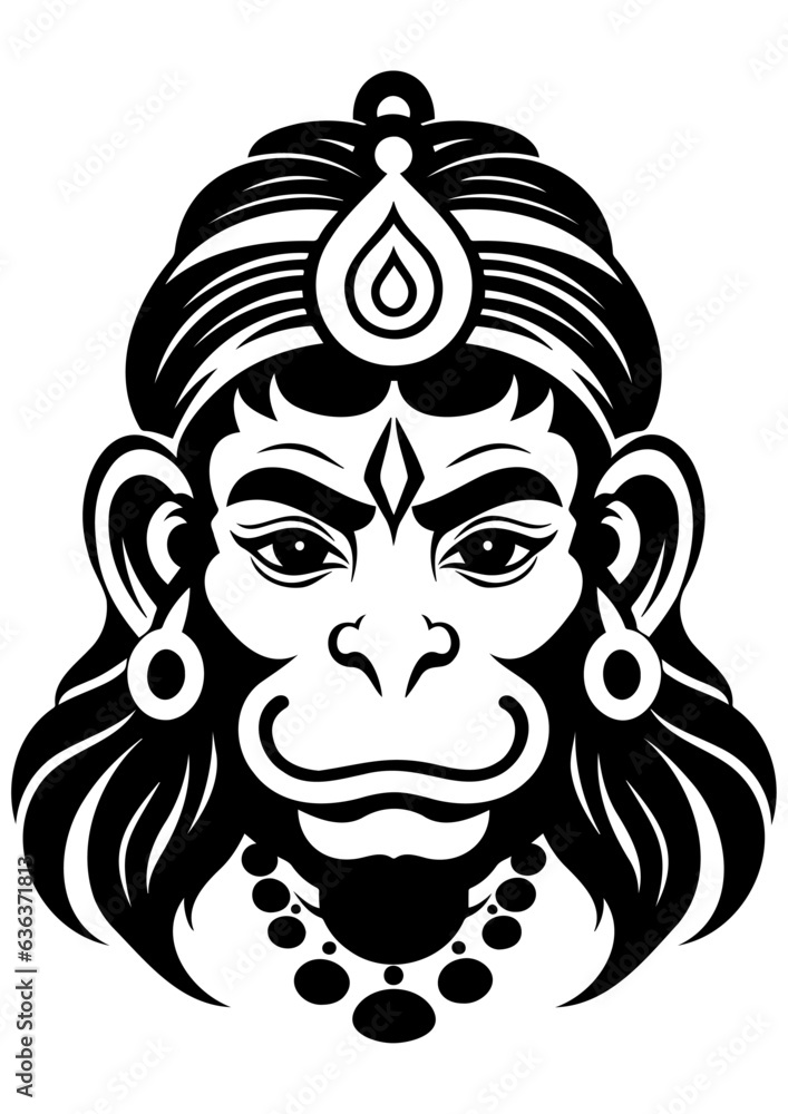 Black and white vector illustration of indian hindu god Hanuman Stock ...