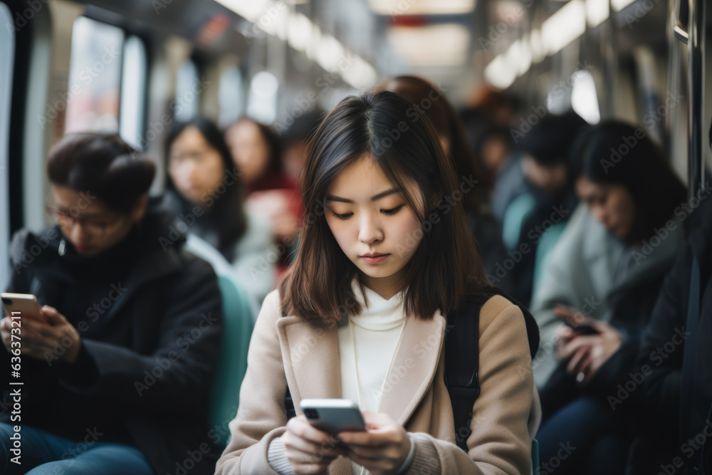 Asian girl in a busy train scrolling on her smart phone Stock Photo ...