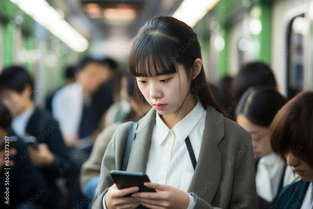 Asian girl in a busy train scrolling on her smart phone Stock Photo ...