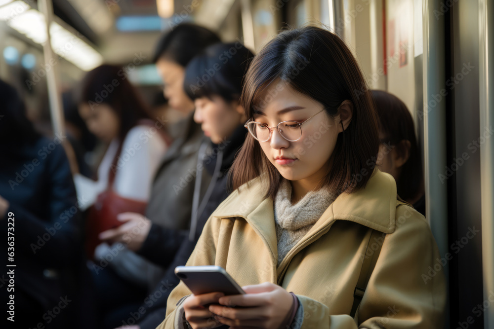 Asian girl in a busy train scrolling on her smart phone Stock Photo ...