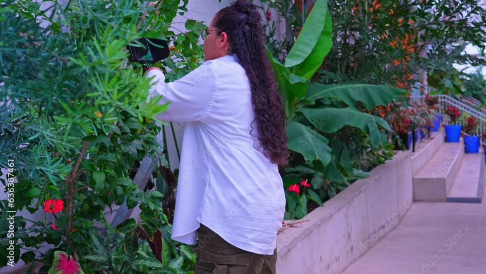 Woman photographer in the exotic jungle greenhouse. Semi professional ...