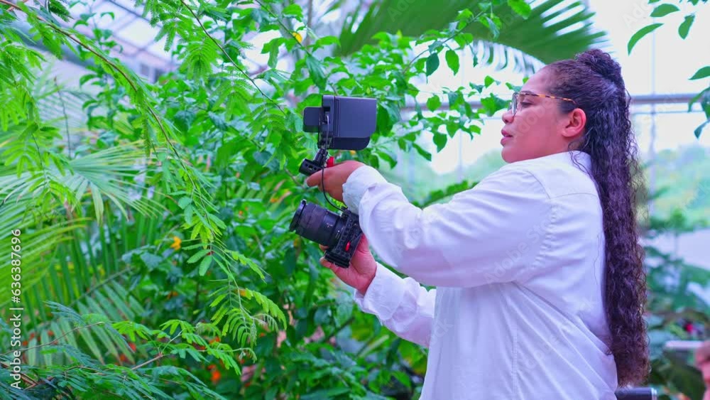 Woman photographer in the exotic jungle greenhouse. Semi professional ...