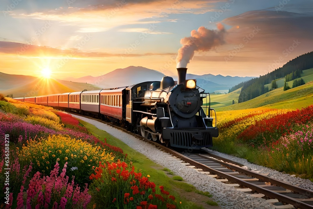 Visualize a scene where a charming steam-powered train traverses ...